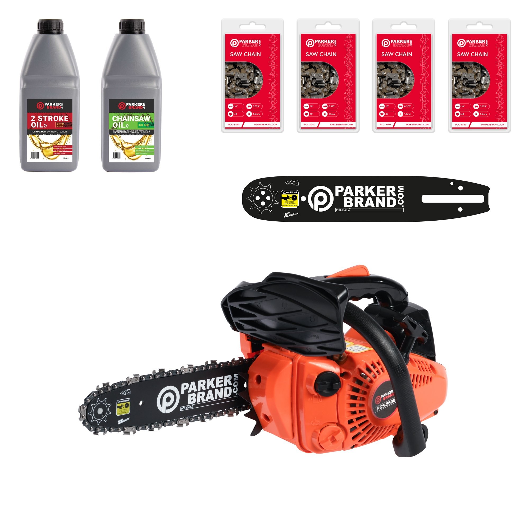 26cc Petrol Chainsaw Pack + 4 x Chains + 2 x Bars + Oils + More ...