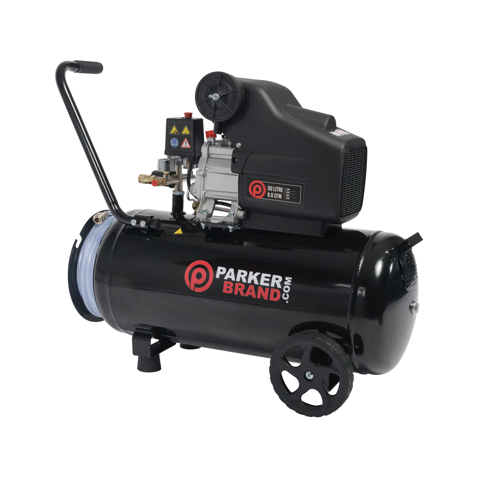 50 Litre Air Compressor with Hose Reel - 9.6 CFM, 2.5 HP, 50L | ParkerBrand