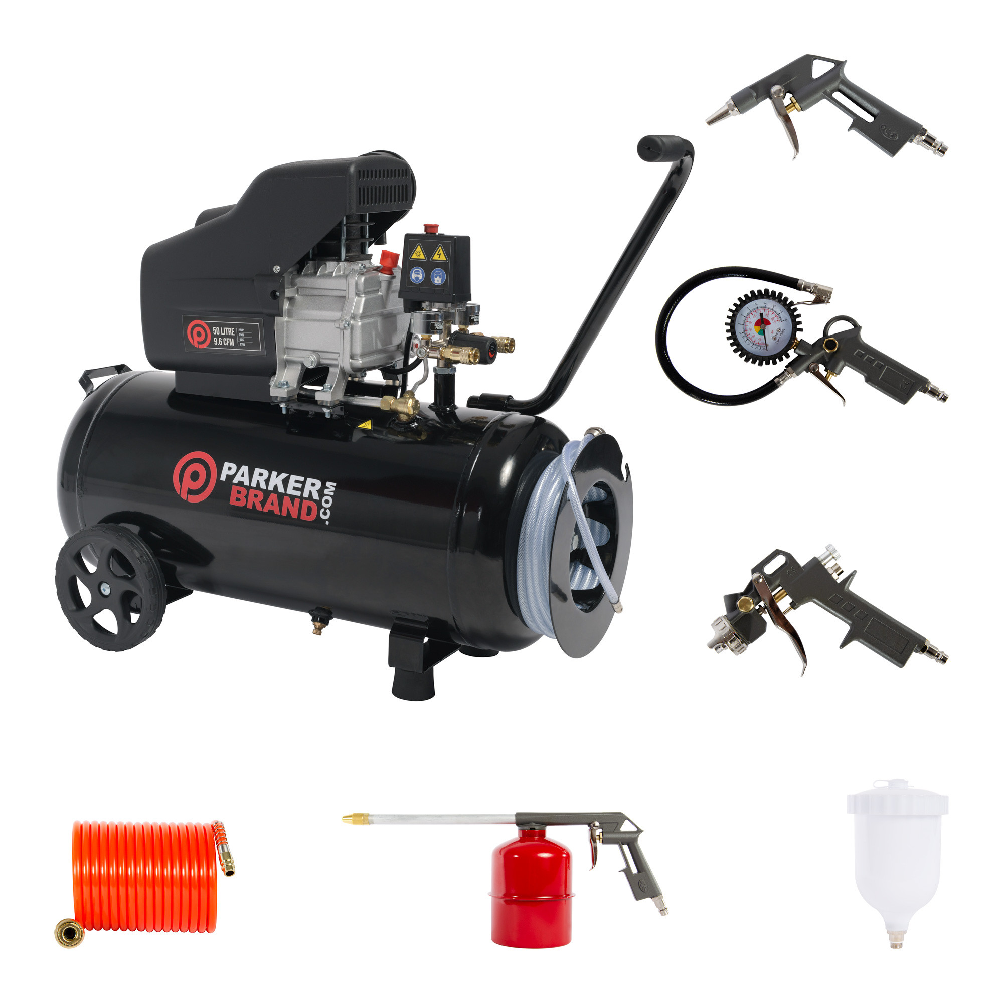 50 Litre Air Compressor with Hose Reel & Tool Kit - 9.6 CFM, 2.5 HP ...