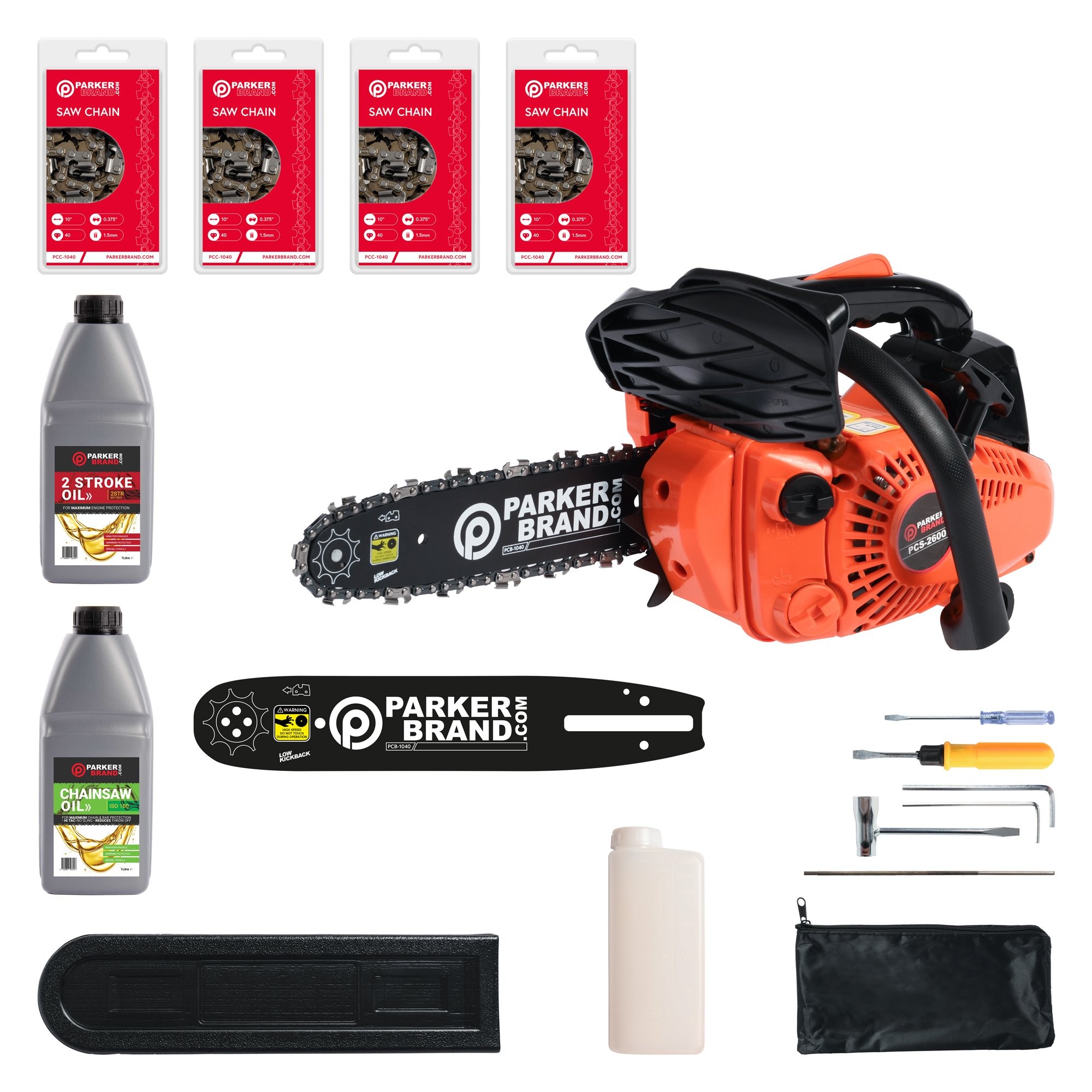 26cc Petrol Chainsaw Pack 4 x Chains 2 x Bars Oils More ParkerBrand