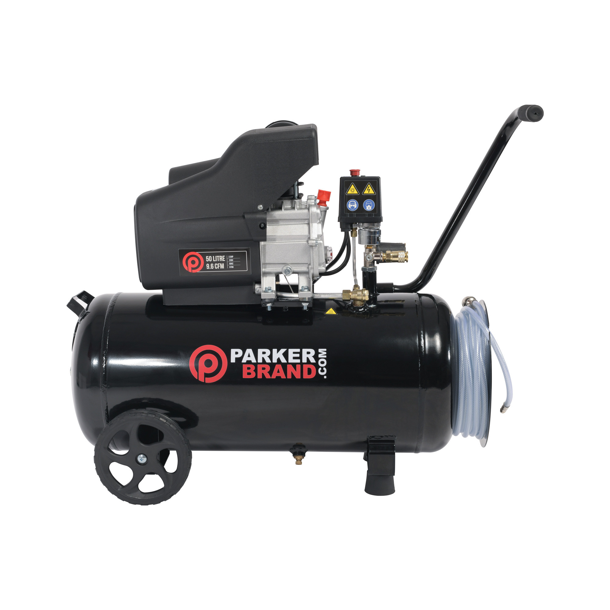 50 Litre Air Compressor with Hose Reel - 9.6 CFM, 2.5 HP, 50L | ParkerBrand